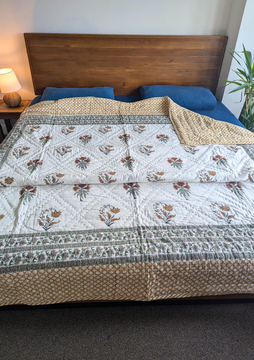Hand Block Printed Pure 100% Cotton Quilt: Jaipuri Blue Floral ...