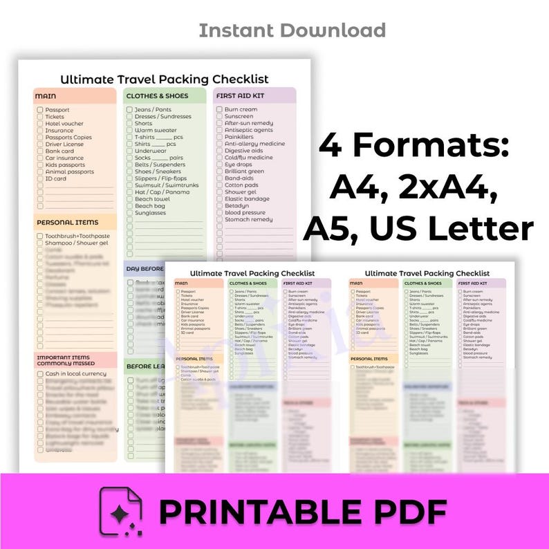 Ultimate Travel Packing Checklist: Printable Planner (A4, A5, Letter ...