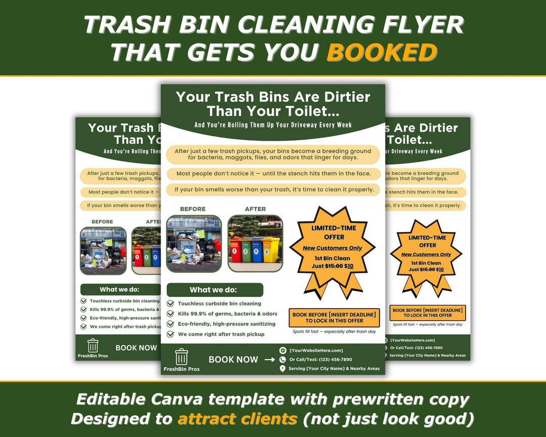 Trash Bin Cleaning Service Flyer | Editable Canva Template for Garbage ...