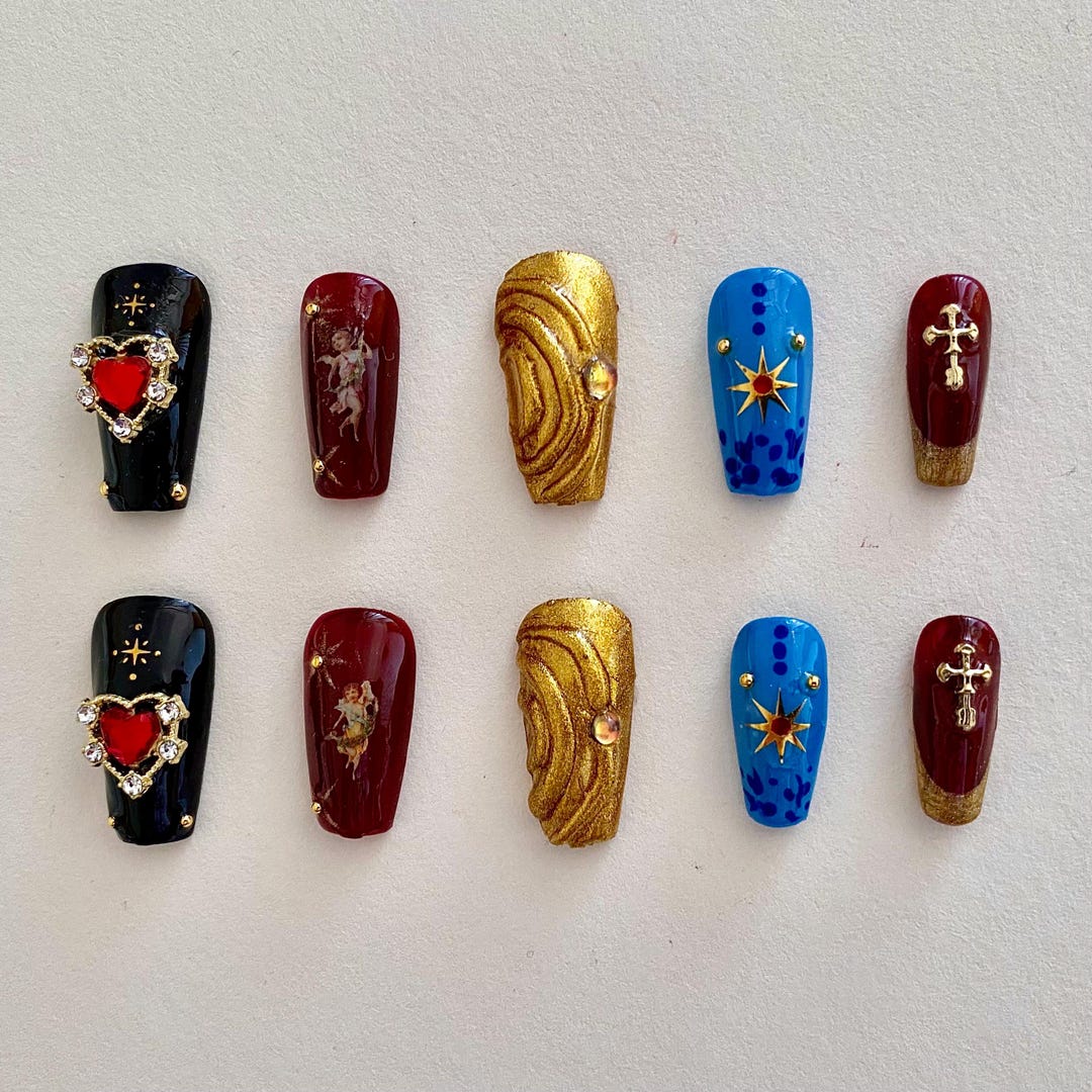 3D Nail Art Indie Spiritual Angelic Design Medium Coffin Press on Nails ...