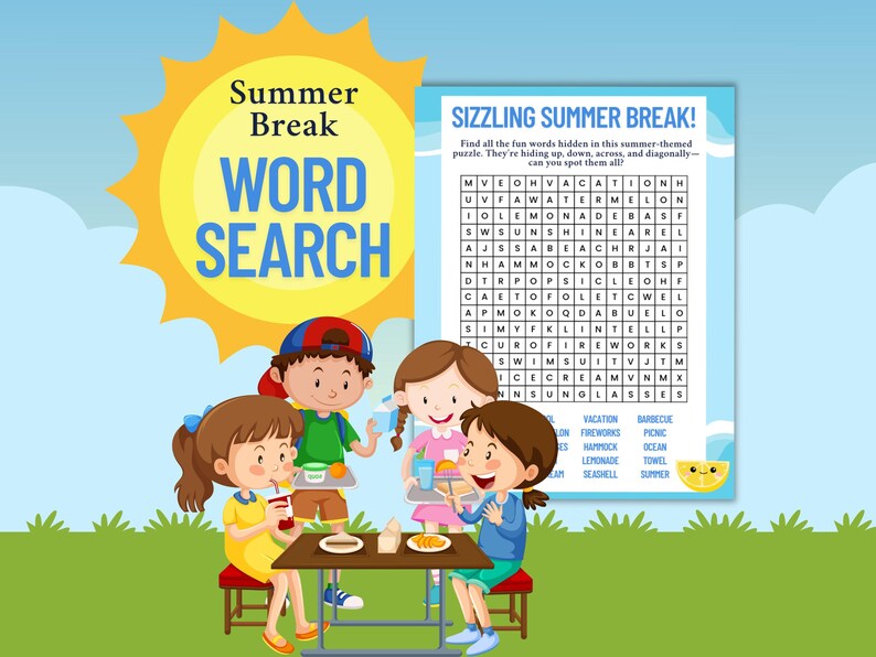 Simple Sizzling Summer Break Word Search - Easy for Kids - Themed Words ...