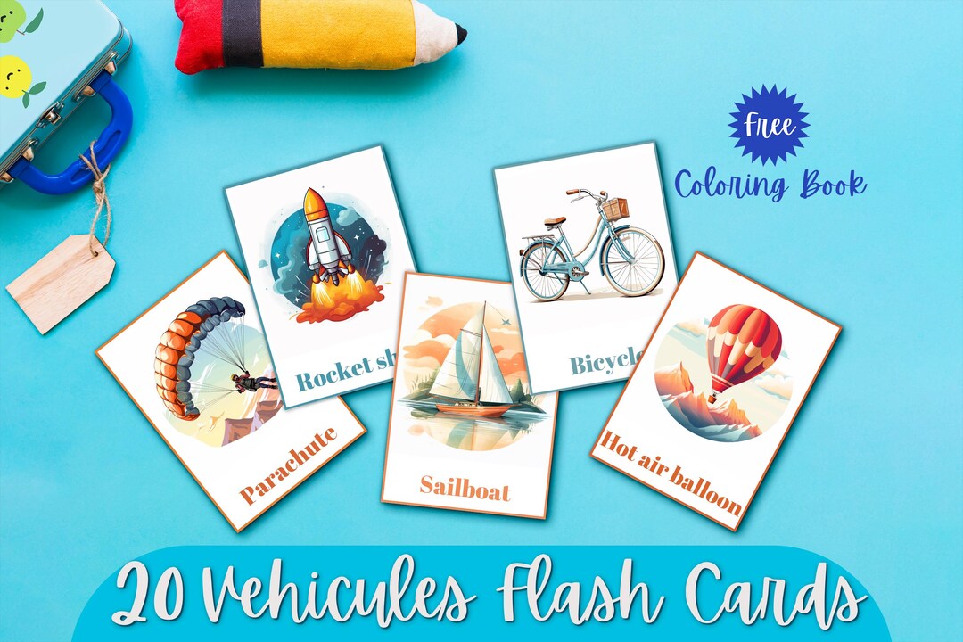 20 Printable Vehicles Illustration Flashcards + FREE Coloring Ebook ...