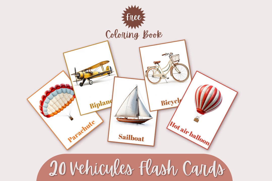 20 Printable Vehicles Illustration Flashcards + FREE Coloring Book ...