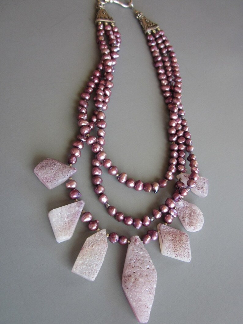 Pink Druzy Quartz Statement Necklace, Pink Chunky Pearl Necklace ...