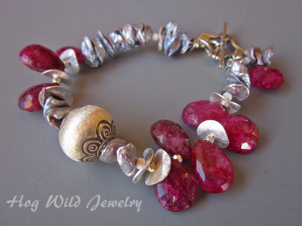 Ruby Moonstone Pearl Bali Silver Bracelet - Etsy