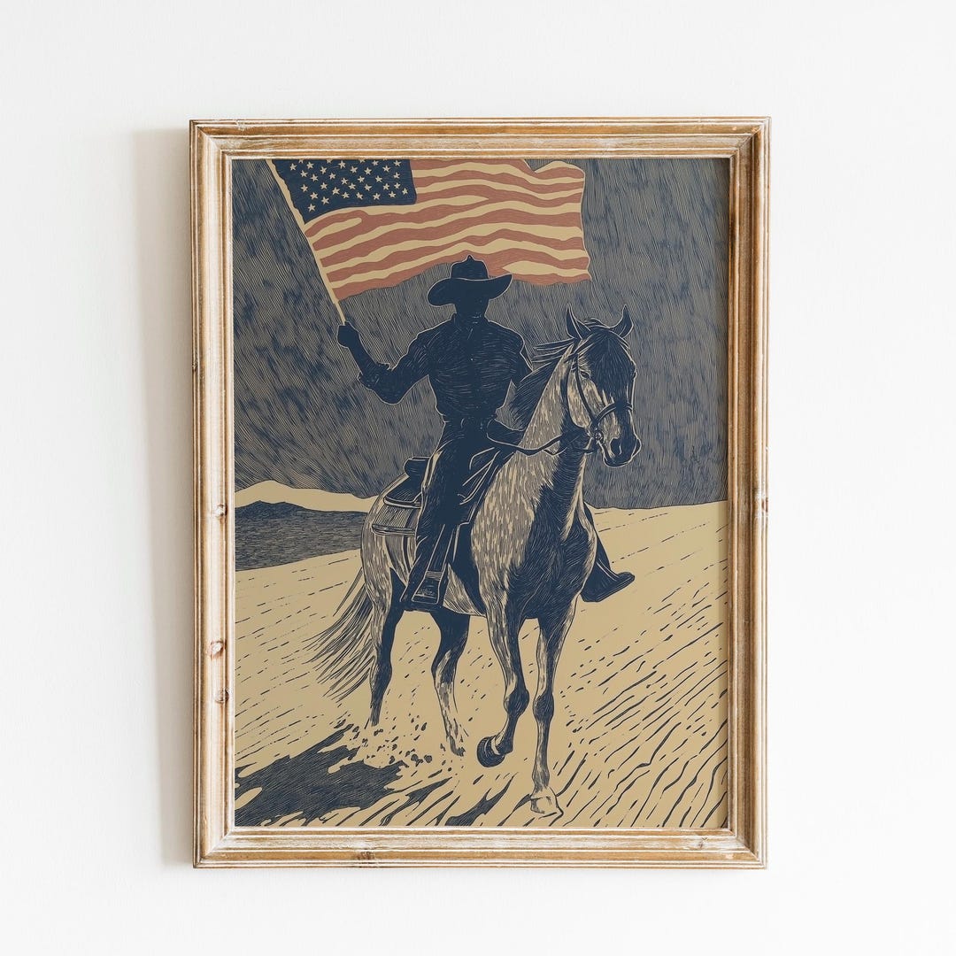 Cowboy With American Flag | Linocut Horse Rider Poster | Patriotic ...