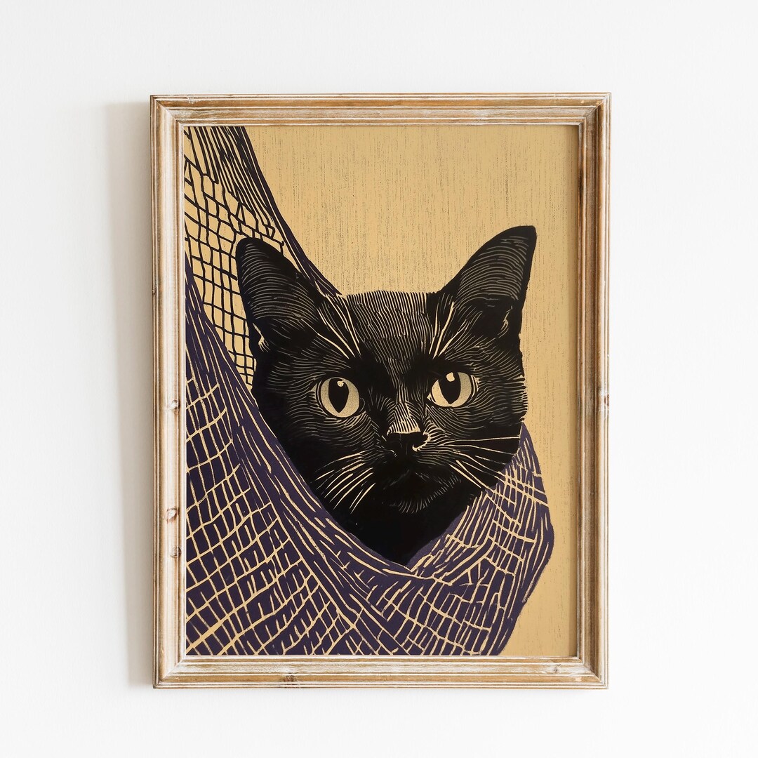 Vintage Black Cat in a Net Bag | Retro Cat | Rustic Cat Artwork | Cozy ...