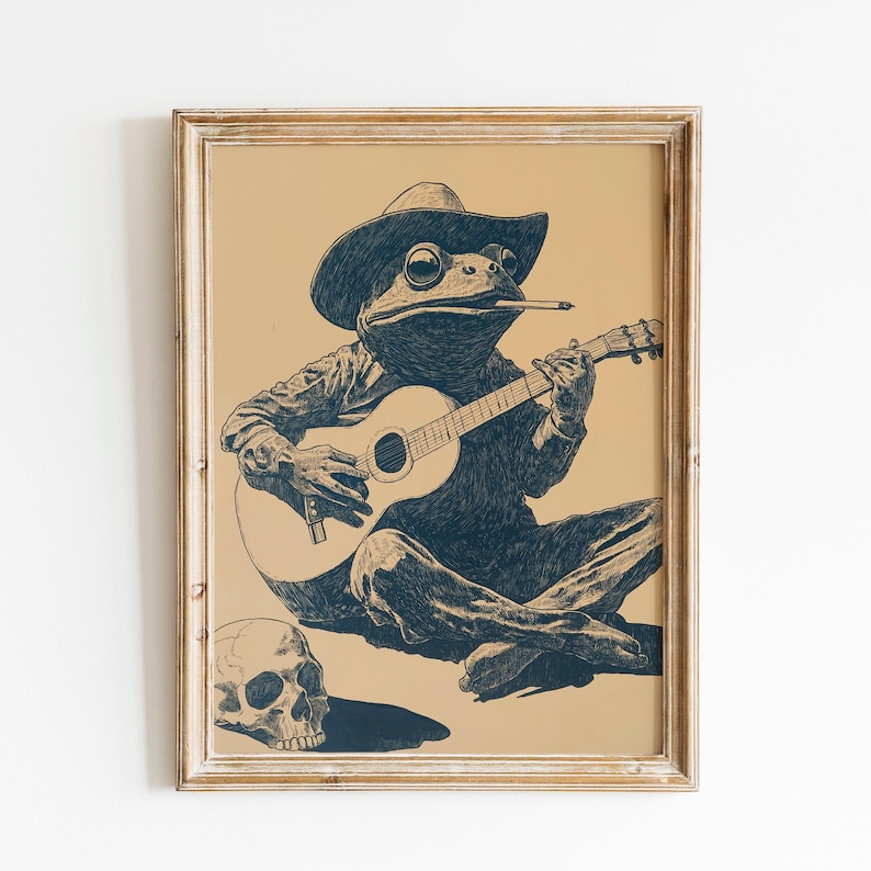 Cowboy Frog Playing Guitar | Western Frog Wall Art | Rustic Cowboy Frog ...