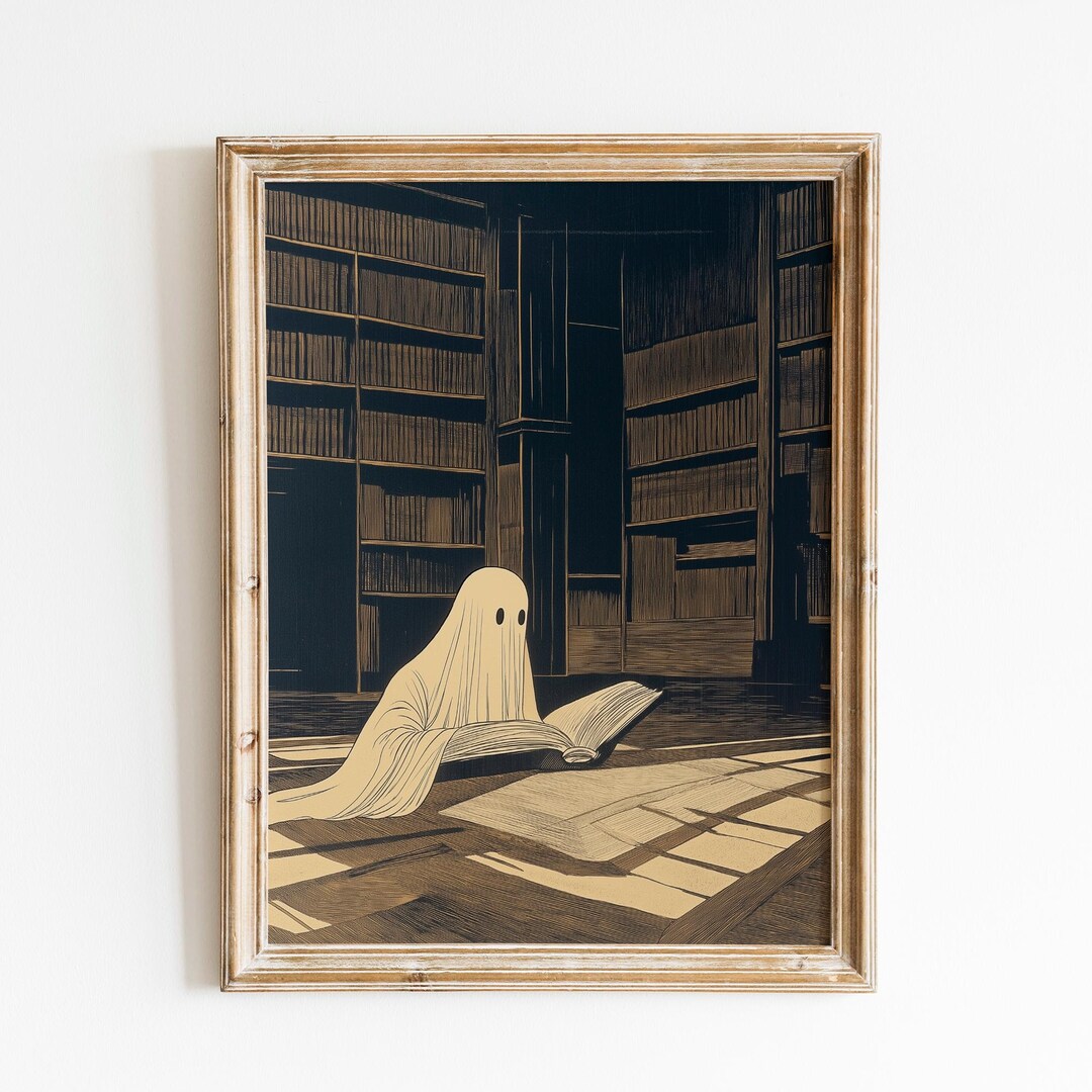 Ghost in Library Art | Spooky Ghost Reading Print | Halloween Ghost ...