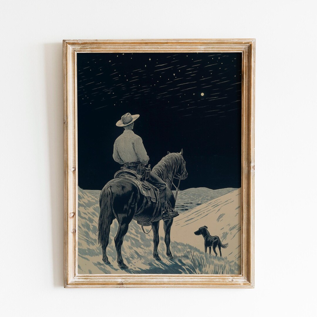 Cowboy and Dog | Linocut Horse Rider Poster | Western Art Decor ...