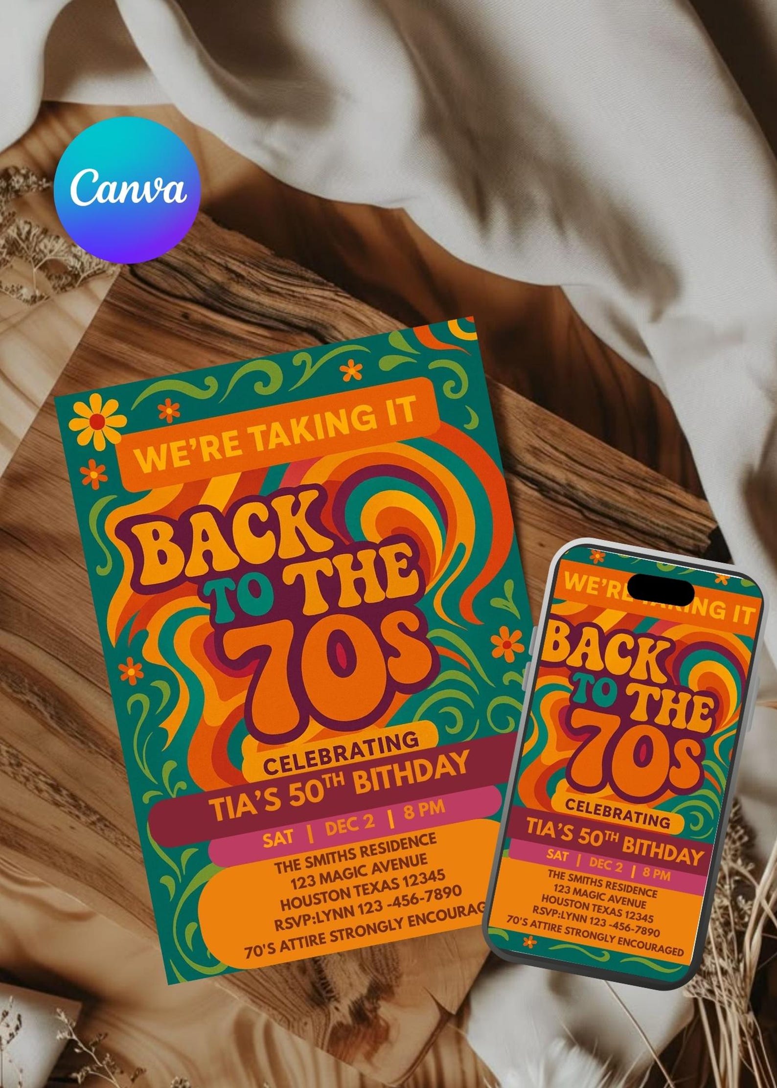 70s Theme Birthday Invitation | Back to the 70s Party Invite | Editable ...