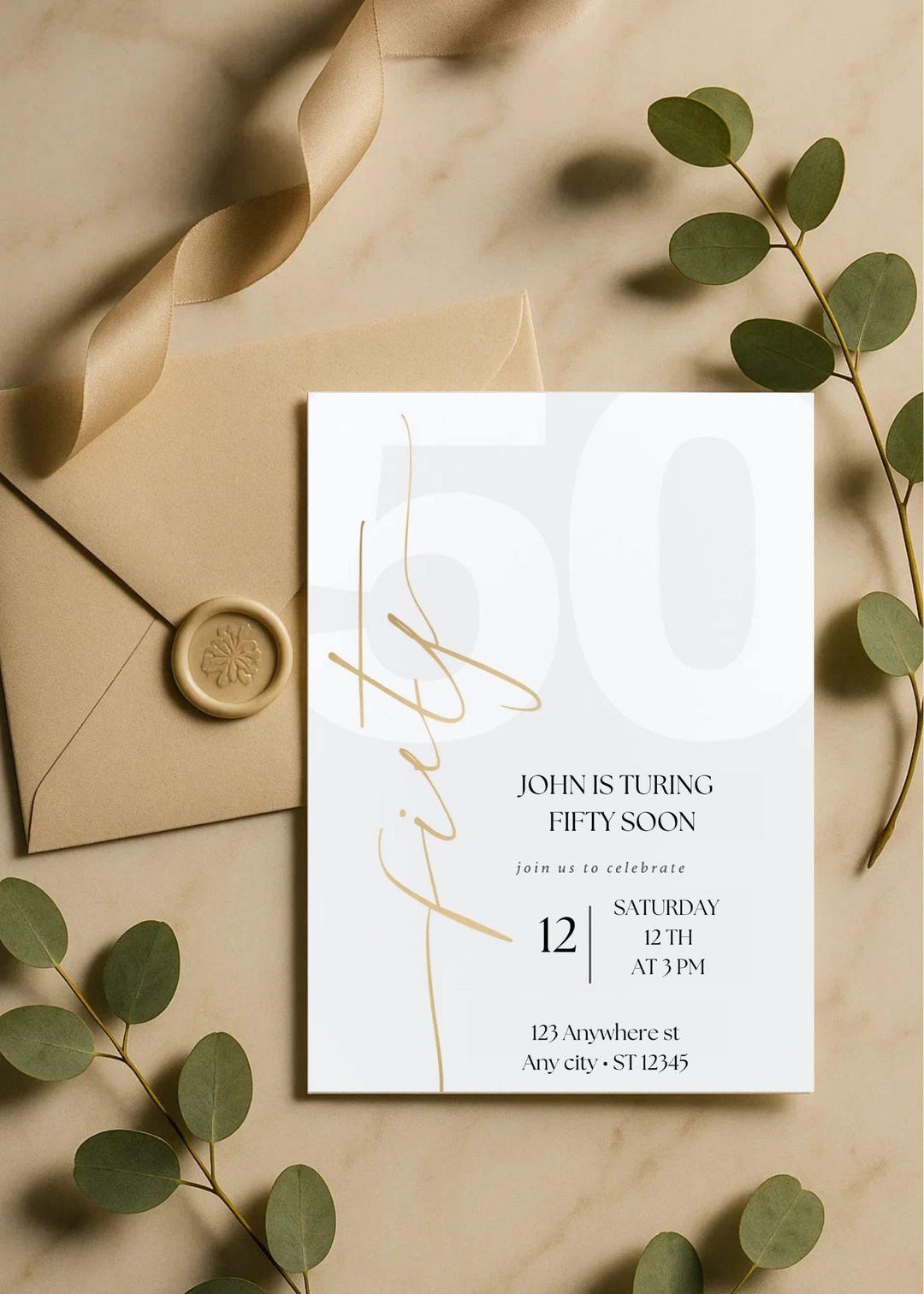 Elegant 50th Birthday Invitation | Minimalist Gold Fifty Invite ...