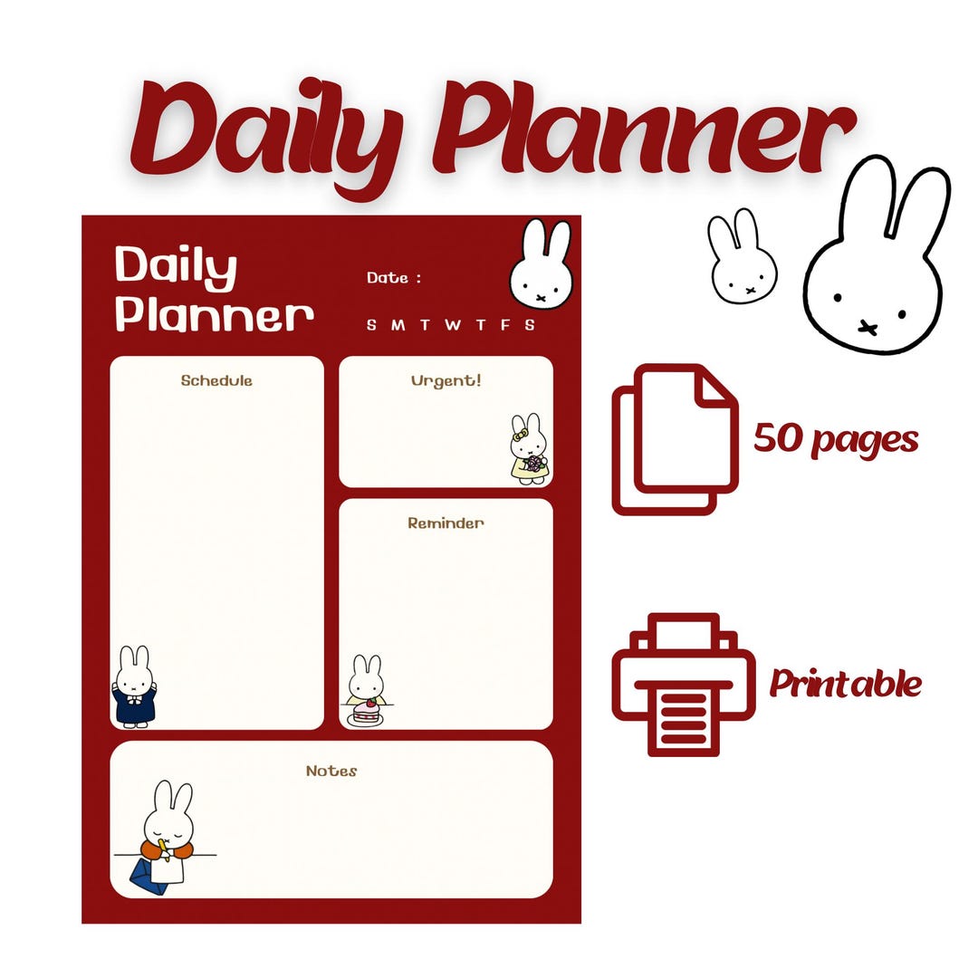 Miffy Bunny Daily Planner Printable: Kawaii Rabbit To-do List (A4/A5 ...