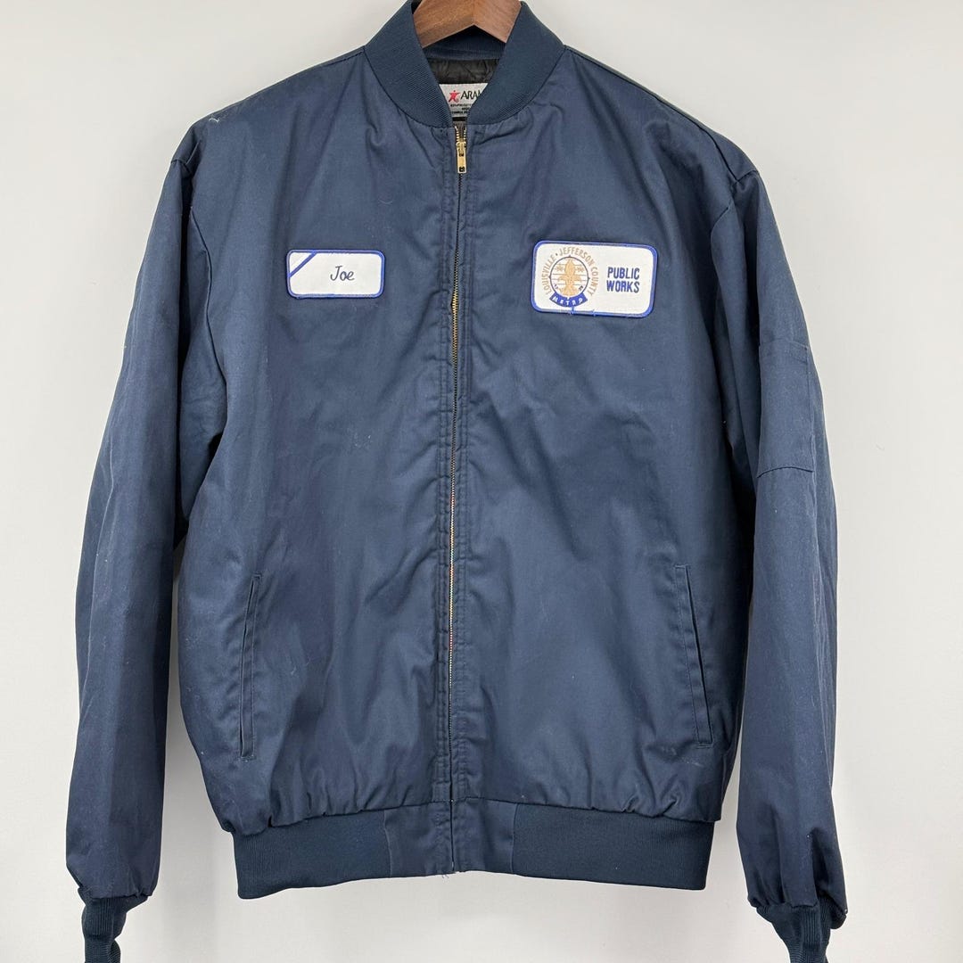 ARAMARK Vintage Mens Work Bomber Jacket Navy Blue Public Works Joe Size ...