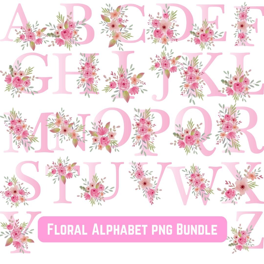 Watercolor Floral Alphabet Clipart, Pink Flower Letters PNG (digital ...
