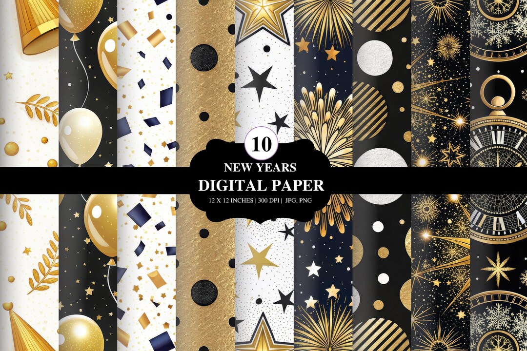 New Years Digital Paper Pack | 10 Gold Black Celebration Patterns | PNG ...