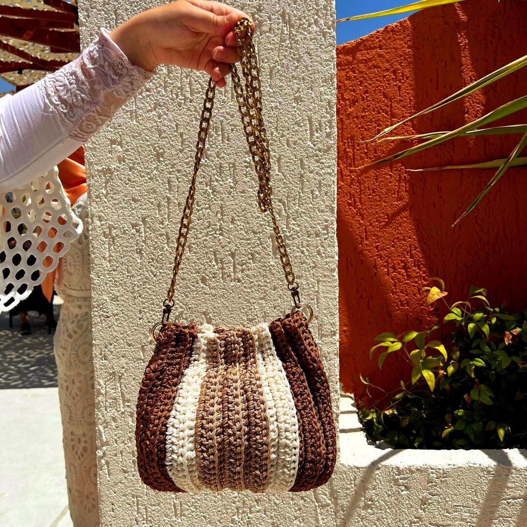 Handmade Crochet Shoulder Bag, Brown Beige Chubby Mussel Purse, Boho ...