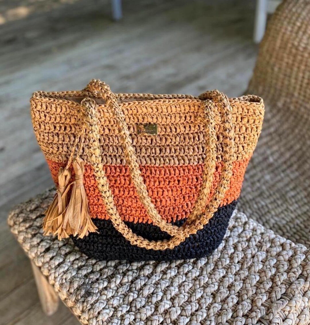 Handmade Raffia Shoulder Bag With Tassels, Duck Linen Lining, Leather ...