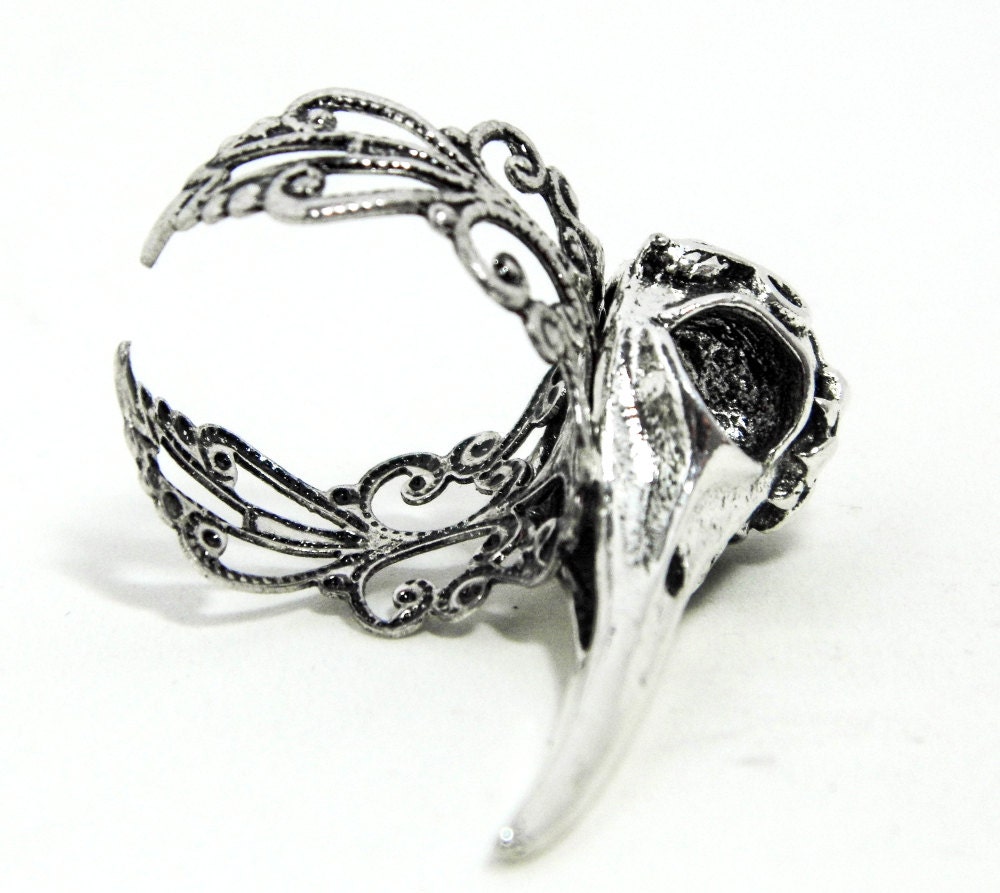 Gothic Bird Skull Ring: Silver Filigree, Adjustable Jewellery - Etsy