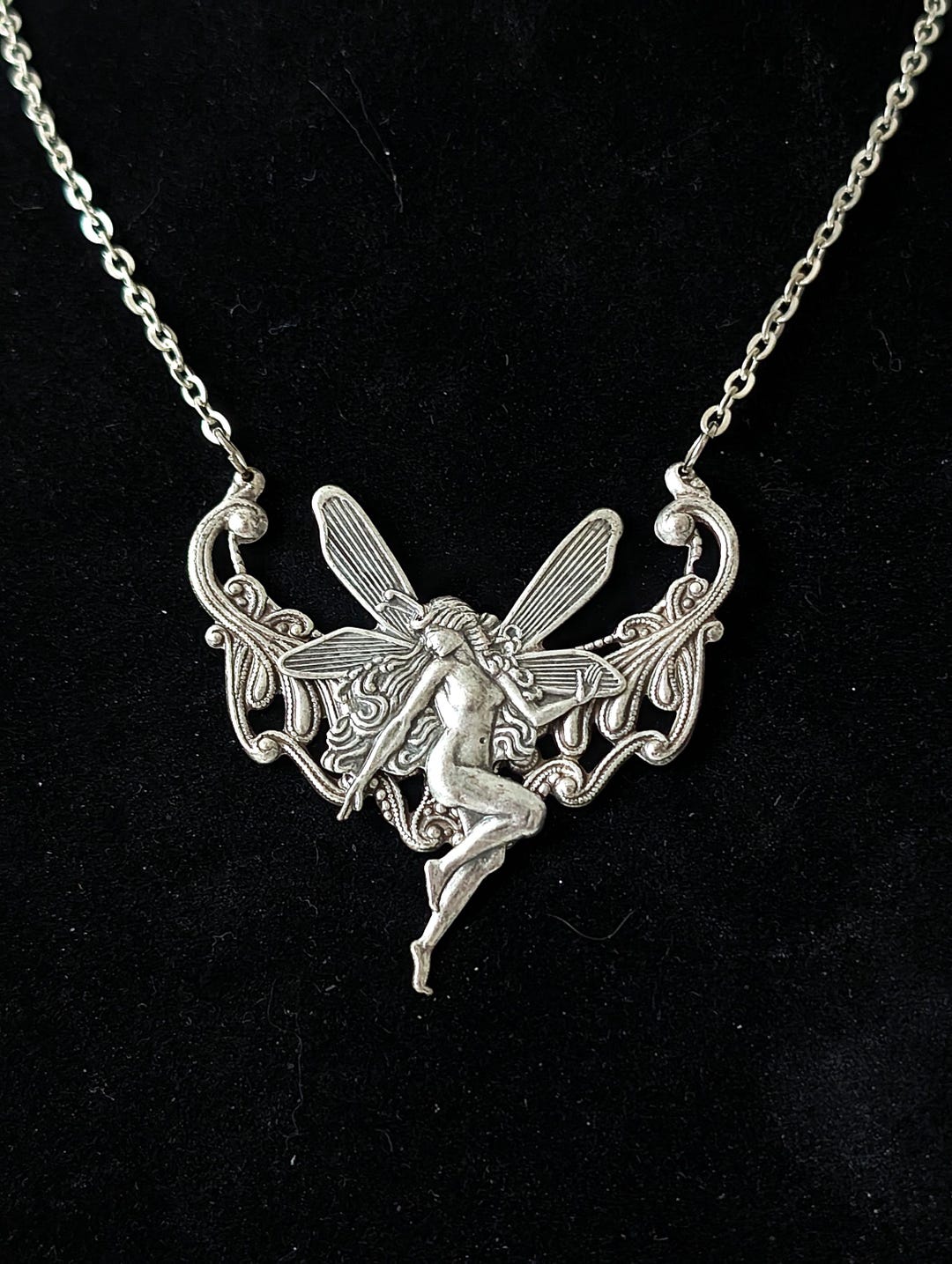 Silver Fairy Necklace, Art Nouveau Fairy, Silver Fae, Mucha Fairy, Art ...