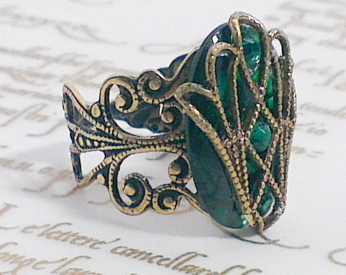Emerald Green Filigree Ring, Art Deco Ring, Abalone Ring, Green Abalone ...