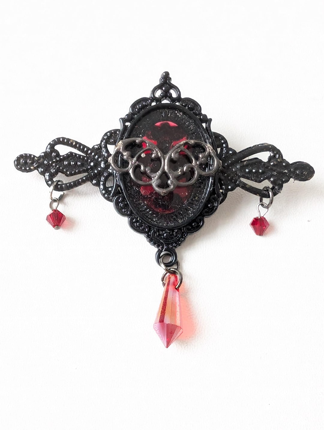 Victorian Gothic Brooch, Black Red Brooch, Black Filigree, Gothic ...