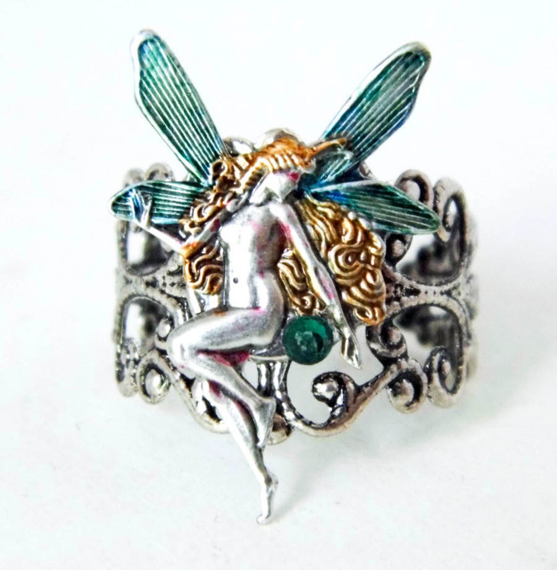 Victorian Green Fairy Ring Adjustable Ring Silver Filigree - Etsy