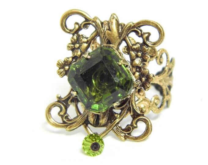 Peridot Glass Ring, Art Nouveau Ring, Gold Filigree, Adjustable Ring ...
