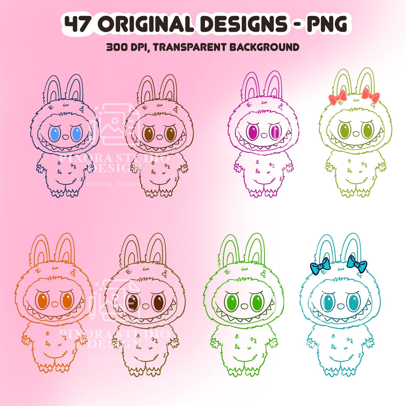 Labubu Design Clipart Set | Kawaii Illustrations | 47 PNG Digital ...