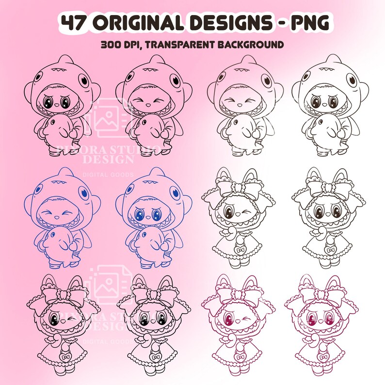 Labubu Design Clipart Set | Kawaii Illustrations | 47 PNG Digital ...