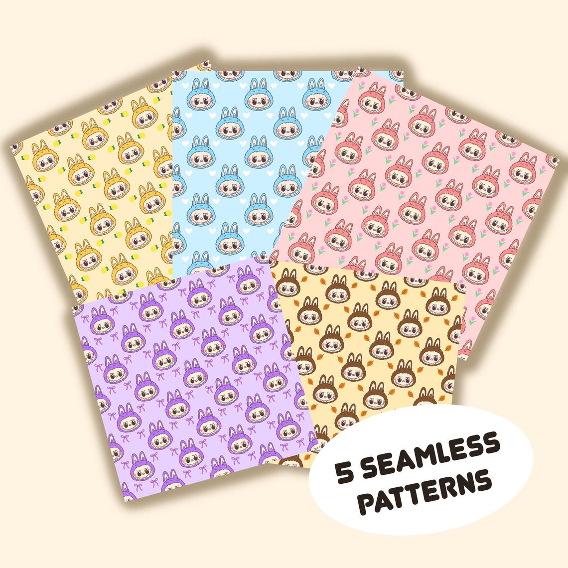 Cute Labubu Seamless Pattern Pack PNG | Seamless Kawaii Cartoon ...