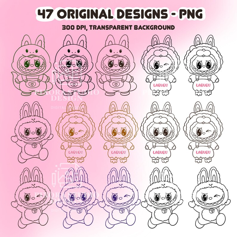 Labubu Design Clipart Set | Kawaii Illustrations | 47 PNG Digital ...