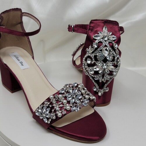 Wine Block Heels Over 100 COLORS Wine Bridal Sandals Crystal - Etsy