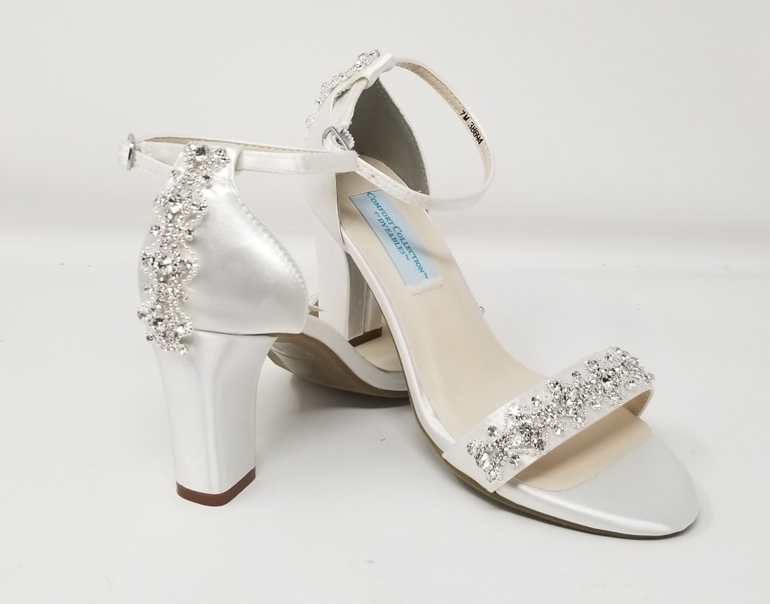 White Wedding Shoes Large Crystal Design Chunky Heels White Block Heel ...