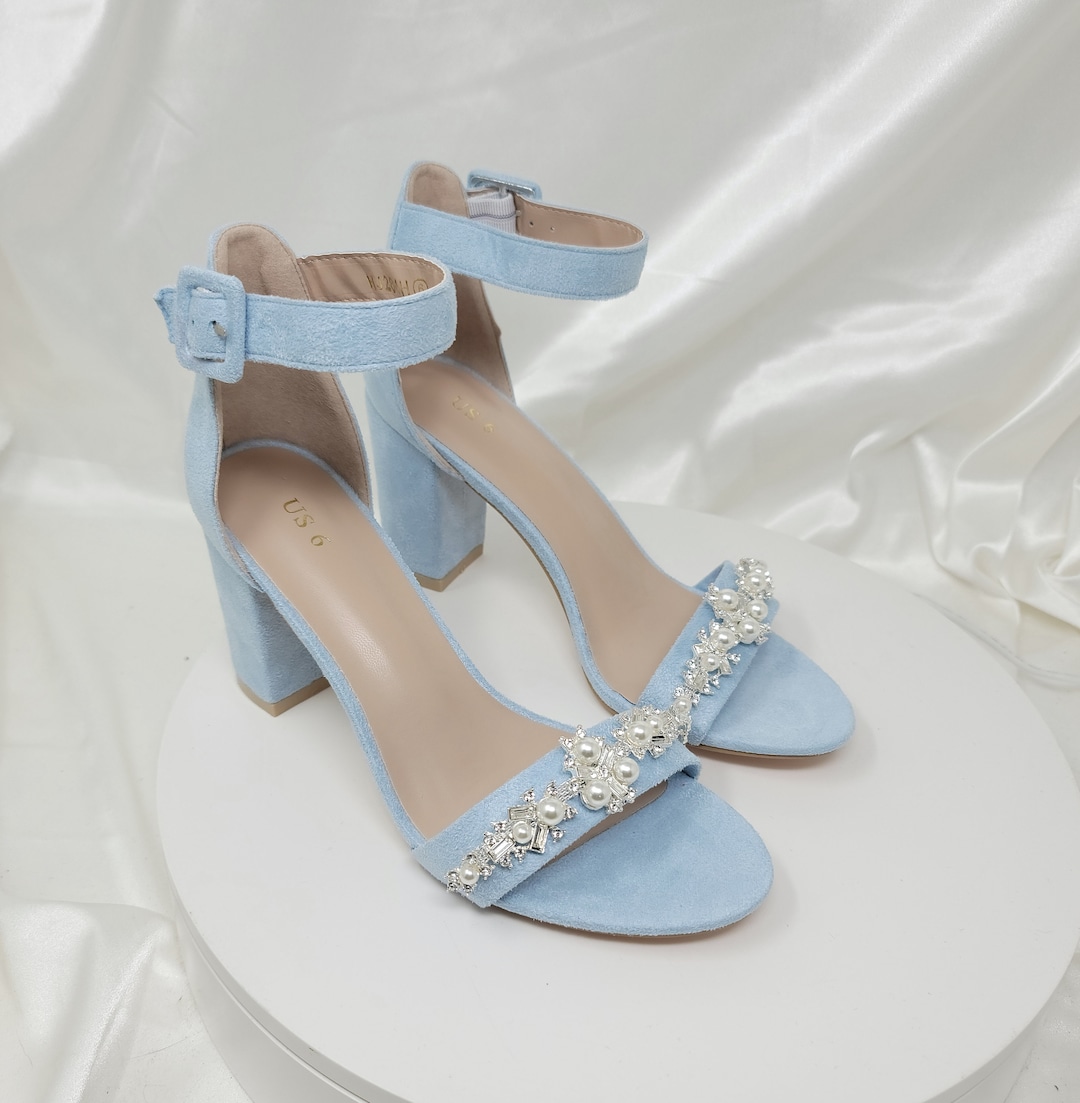 Baby Blue Wedding Shoes With Crystal and Pearl Design Baby Blue Chunky ...