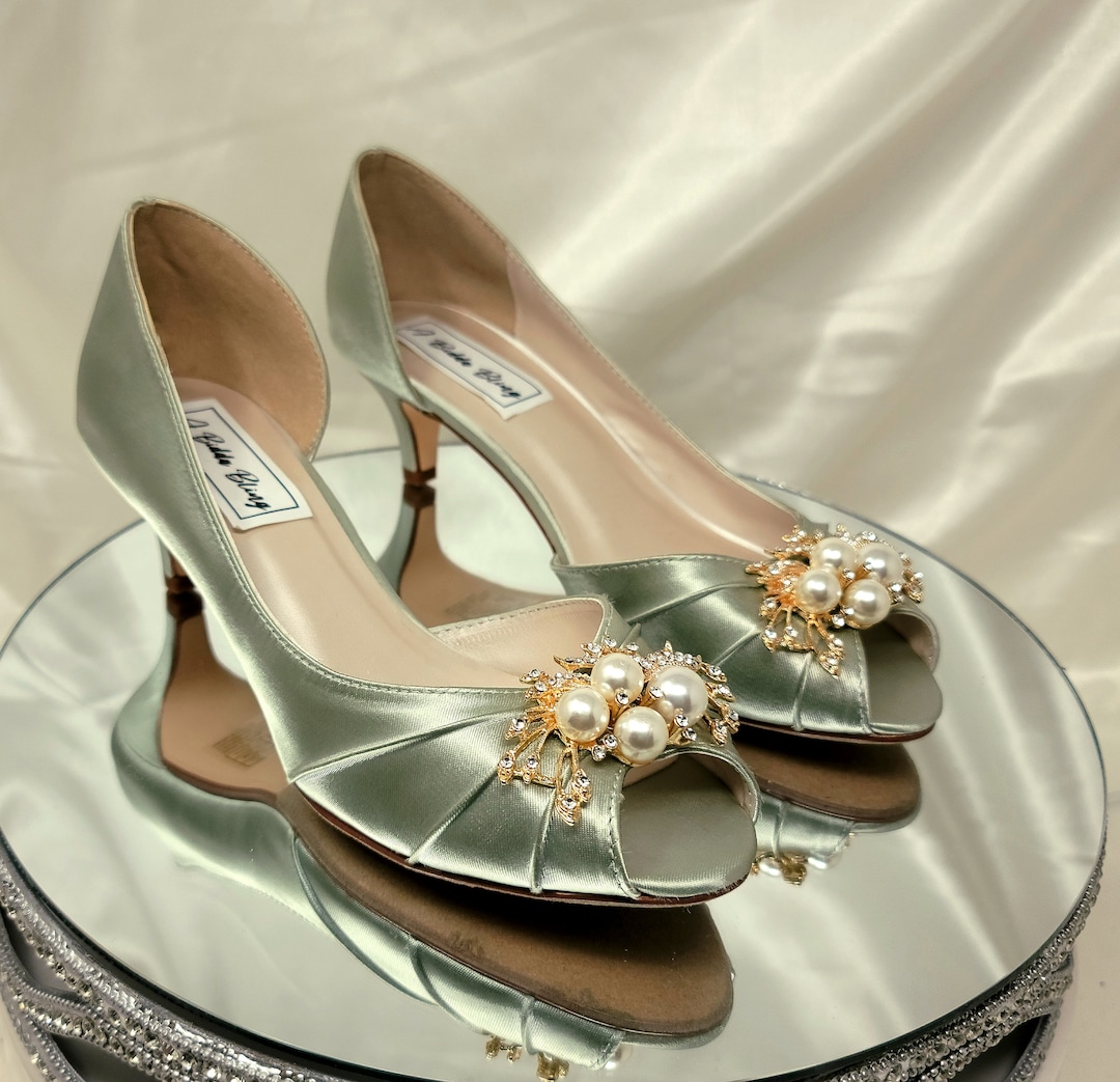 Sage Wedding Shoes With Crystal and Pearl Gold Design Sage Green Bridal ...