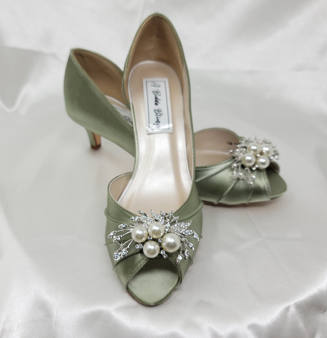 Sage Bridal Shoes With Crystal and Pearl Design Sage Green Wedding ...