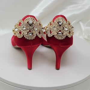 Red Wedding Shoes With Sparkling Gold Crystal Back Design Red Bridal ...