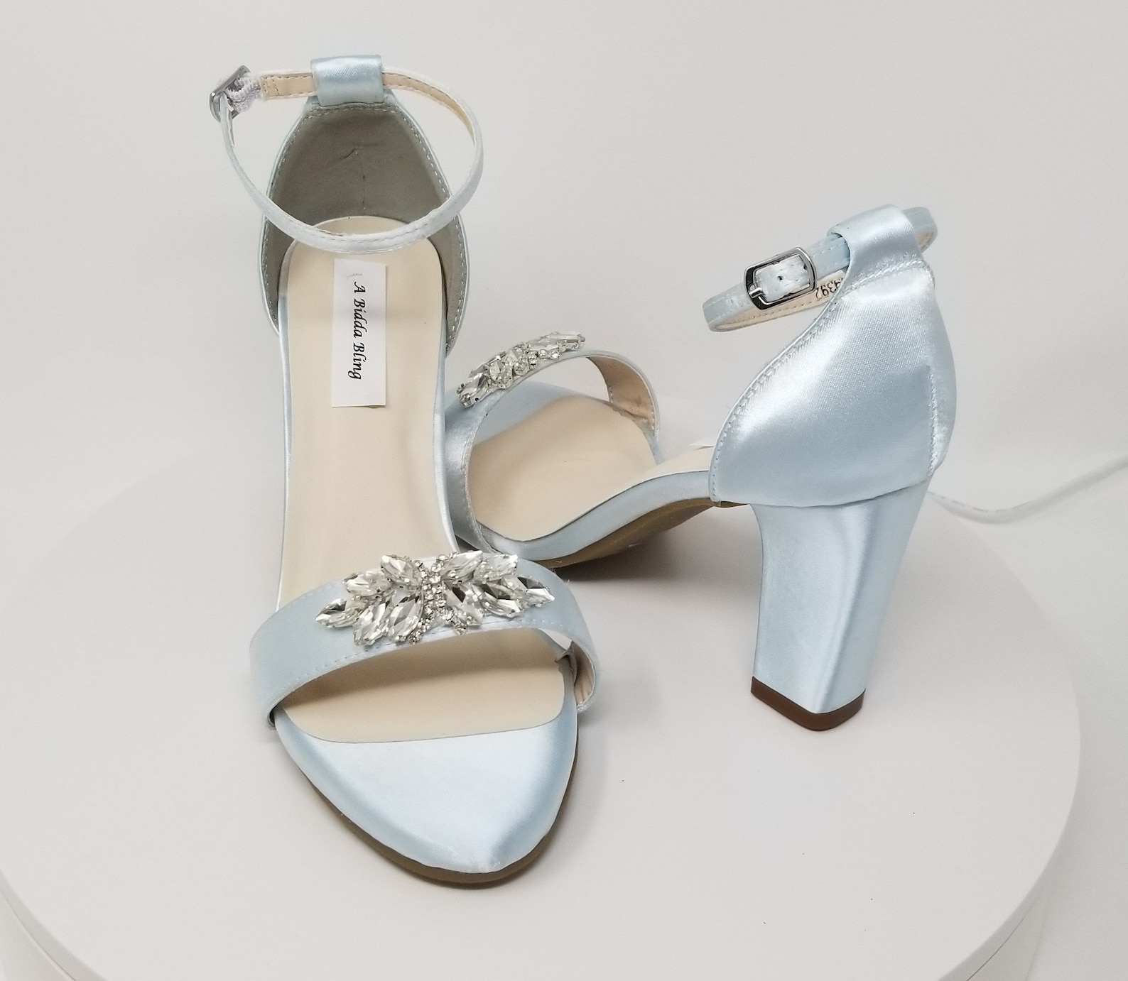 Baby Blue Wedding Shoes Crystal Applique Chunky Heels Baby Blue Block ...