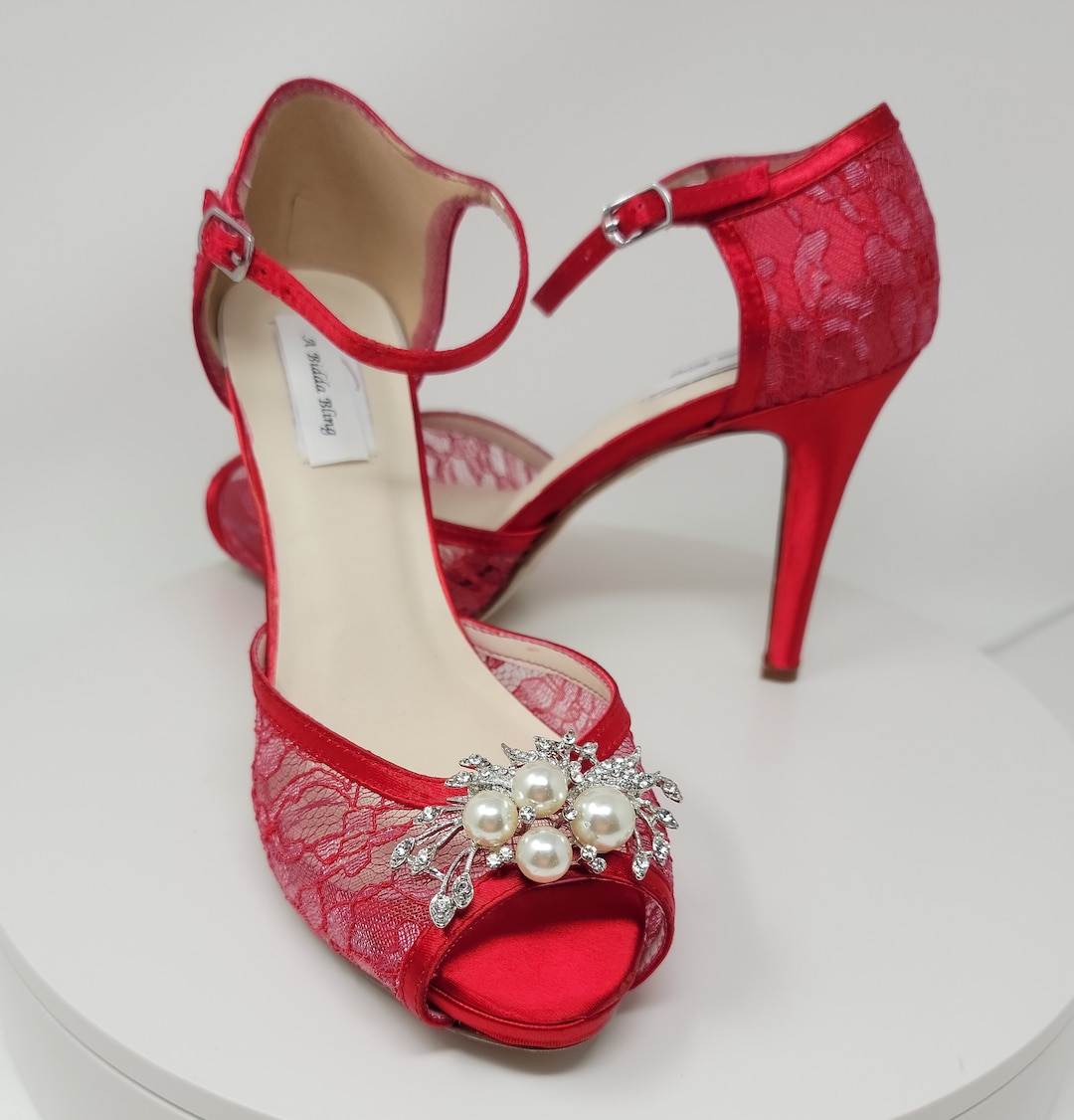 Red Wedding Shoes With Pearl and Crystal Cascade Lace Wedding Shoes Red ...