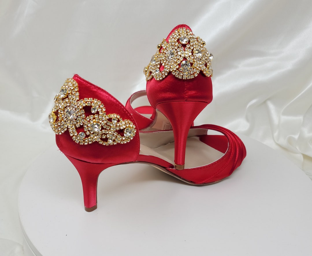 Red Wedding Shoes With Sparkling Gold Crystal Back Design Red Bridal ...