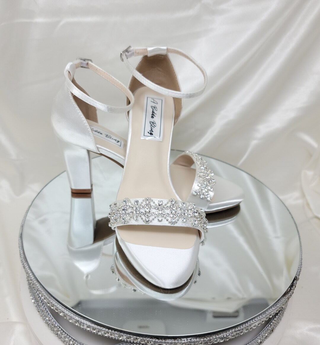 White Bridal Shoes Crystal Design White Chunky Heels White Block Heels ...