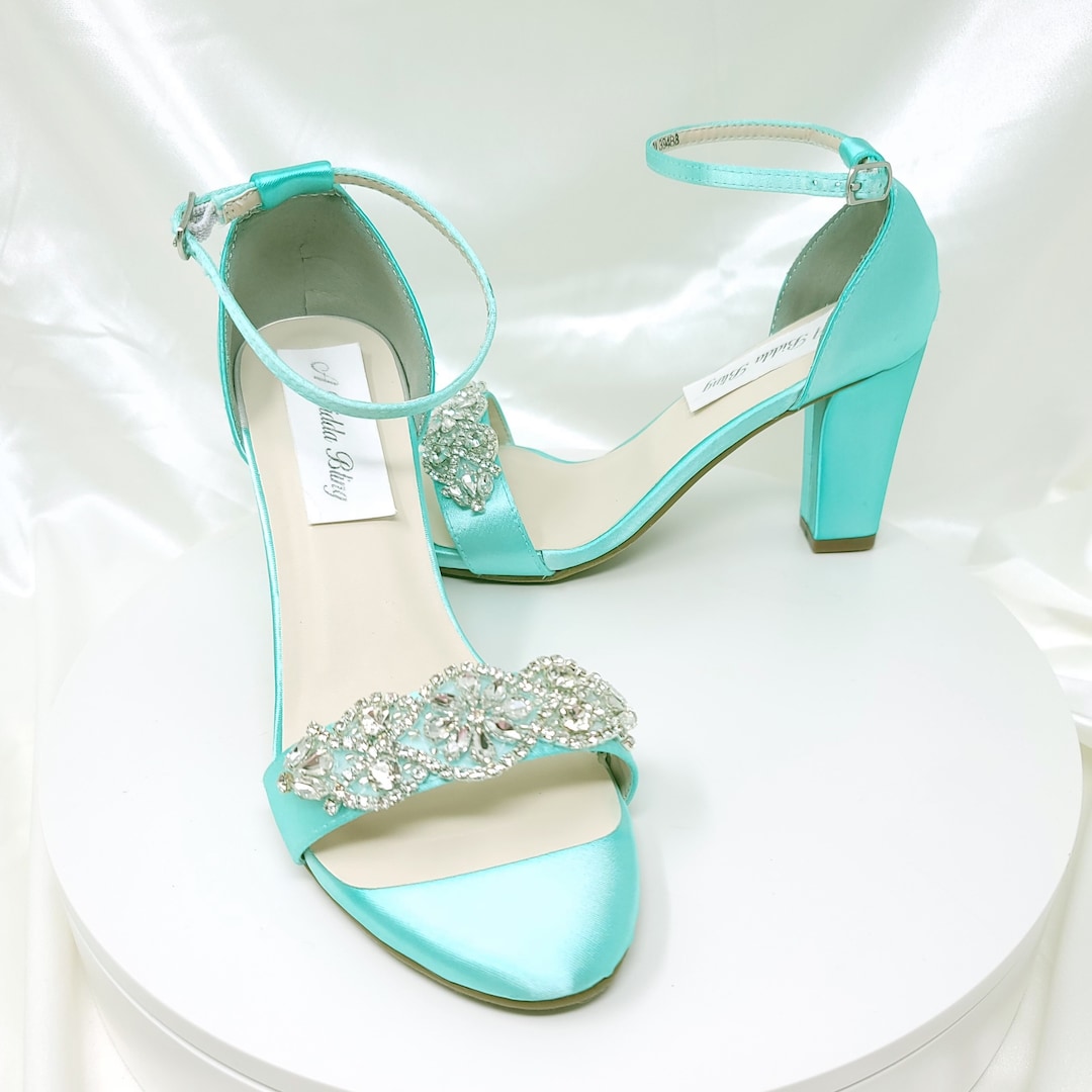 Aqua Blue Bridal Shoes Crystal Design Aqua Blue Chunky Heels Aqua Block ...