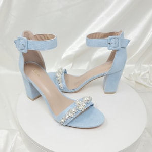 Baby Blue Wedding Shoes With Crystal and Pearl Design Baby Blue Chunky ...