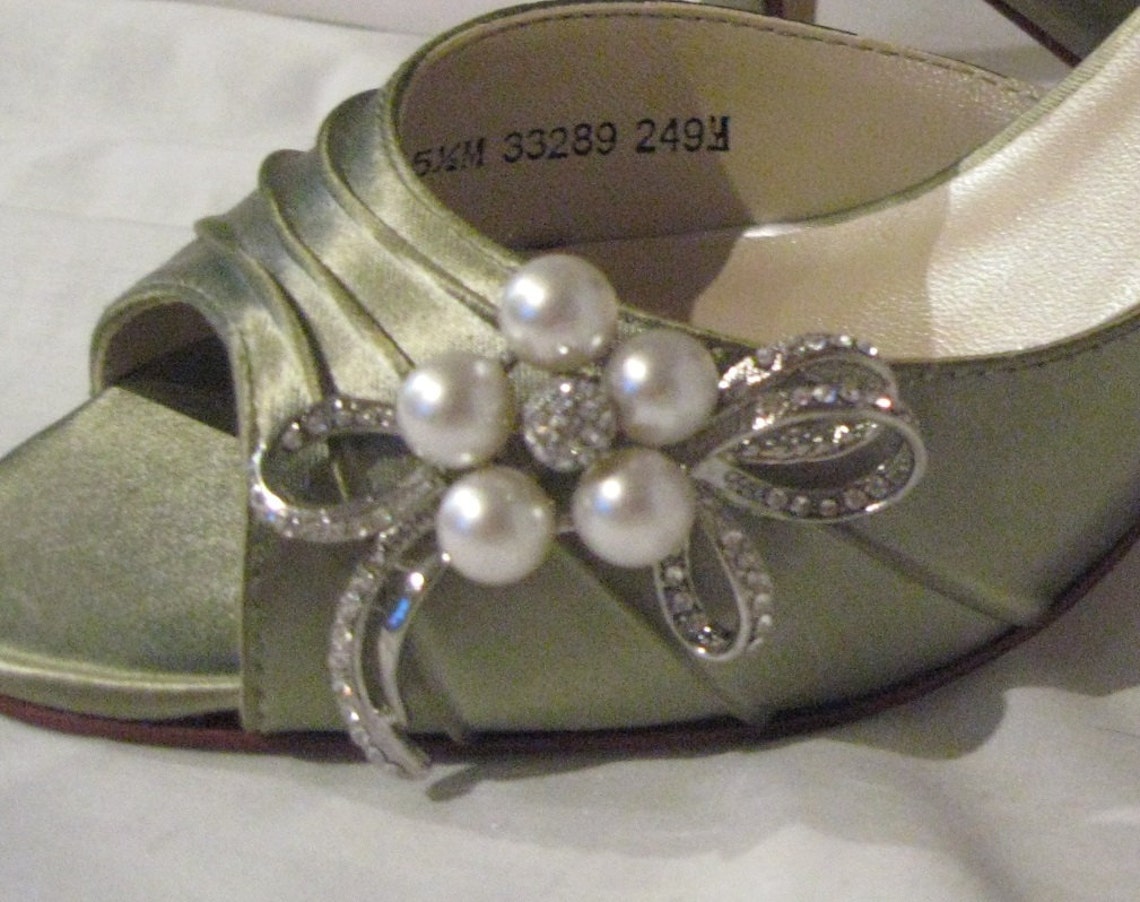 Sage Green Wedding Shoes Sage Green Bridal Shoes Pearl and Crystal Bow ...