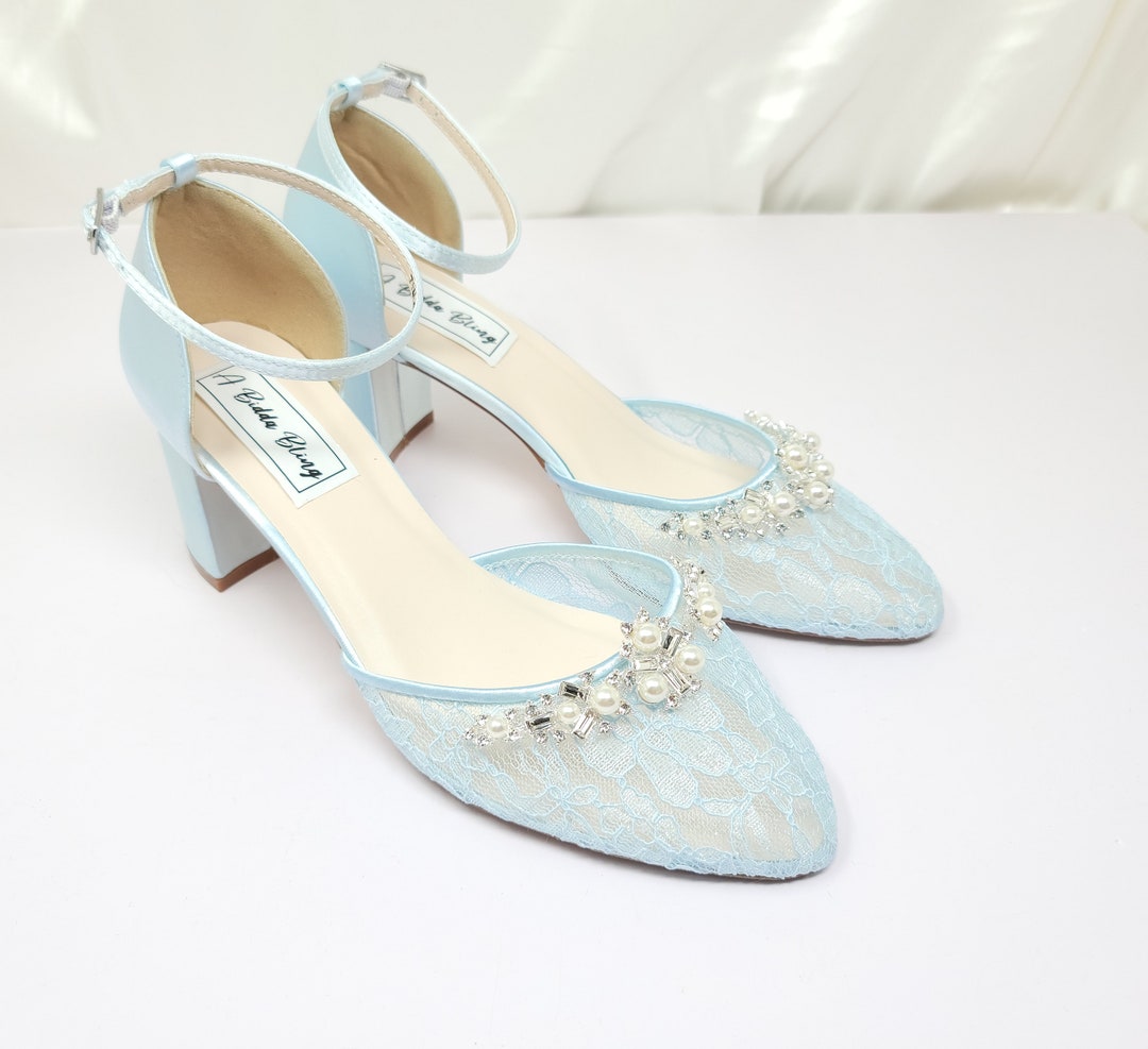 Blue Lace Wedding Shoes Crystals and Pearls Baby Blue Block Heels Blue ...