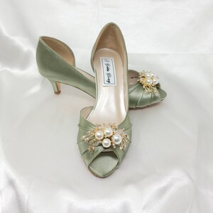 Sage Wedding Shoes With Crystal and Pearl Gold Design Sage Green Bridal ...