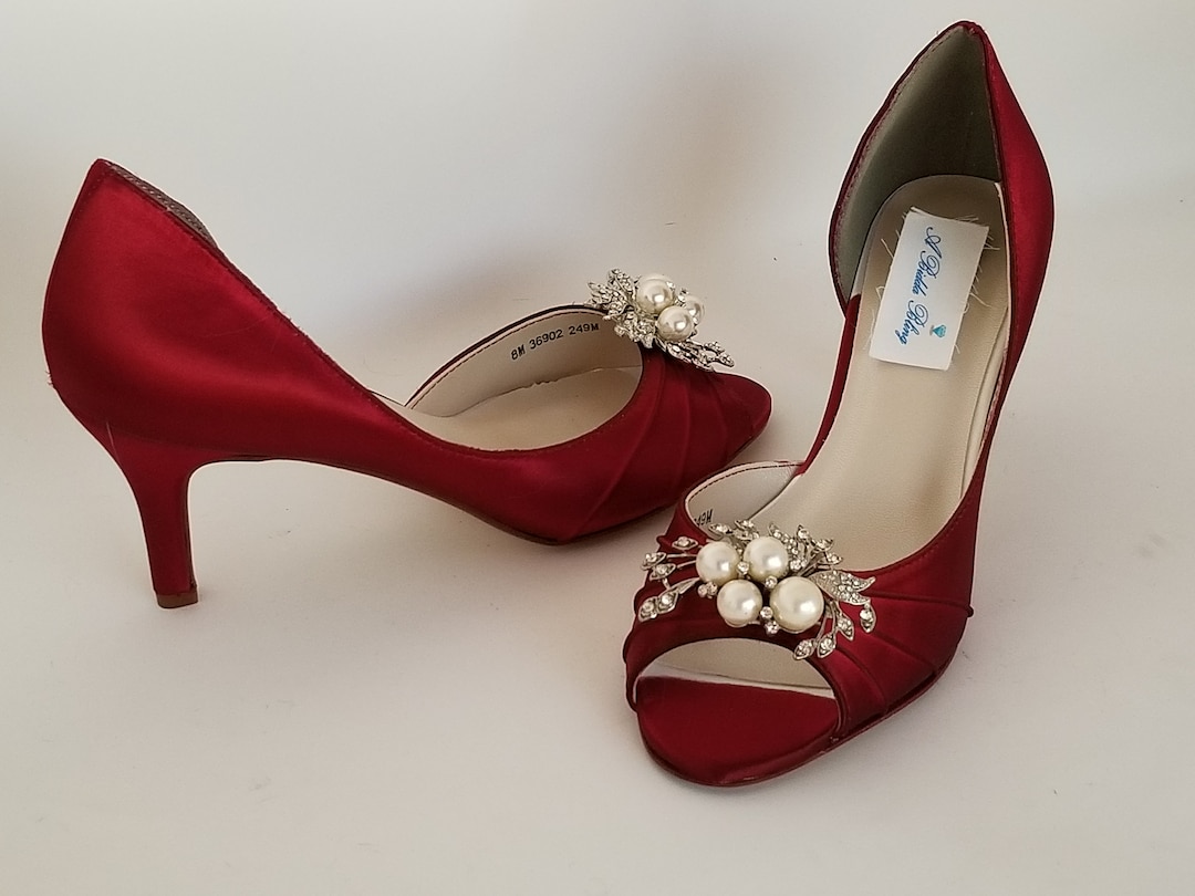 Red Wedding Shoes With Crystal and Pearl Cascade Brooch Red Bridal ...