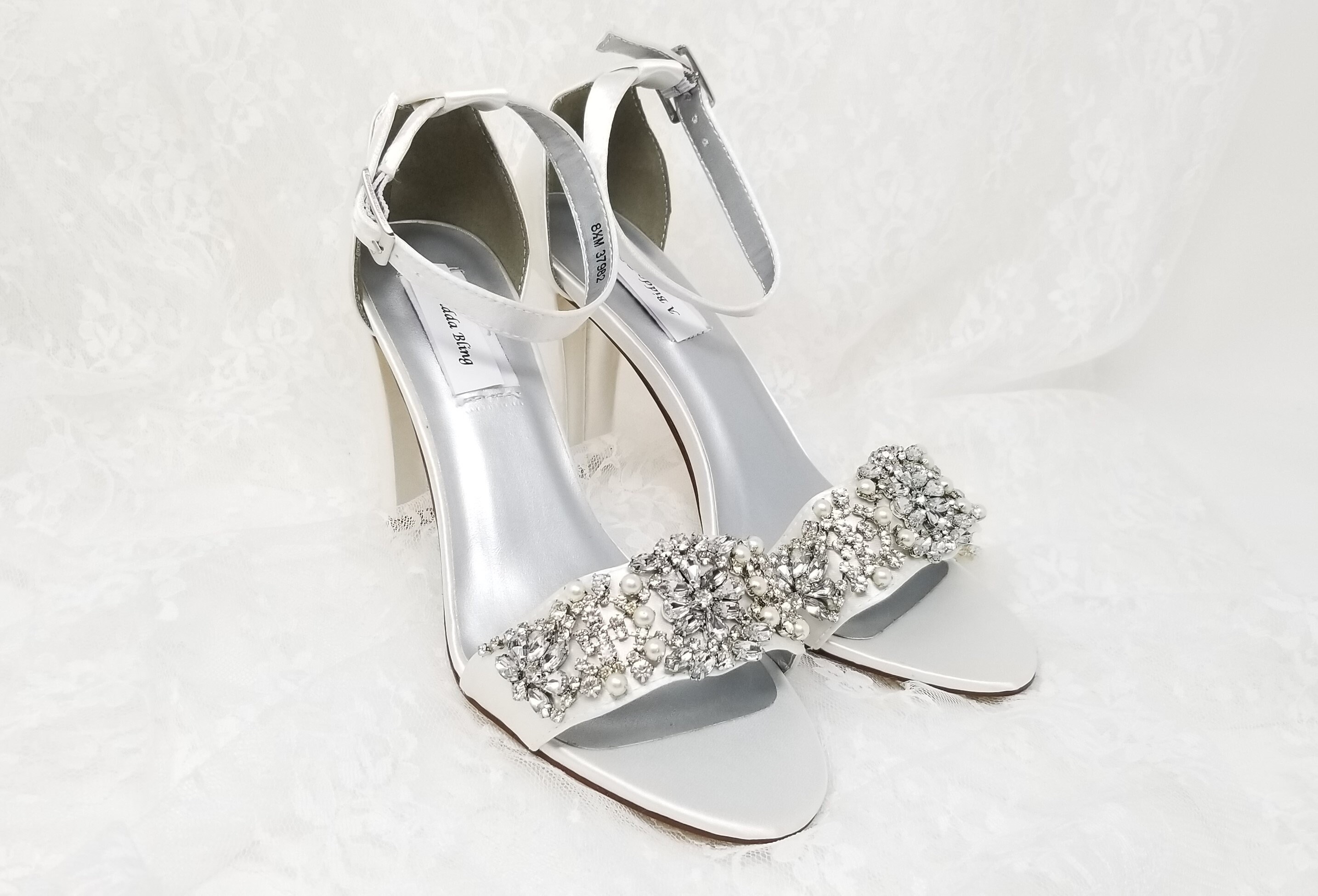 White Wedding Shoes With Chunky Heels Crystal and Pearl Design Over 100 ...