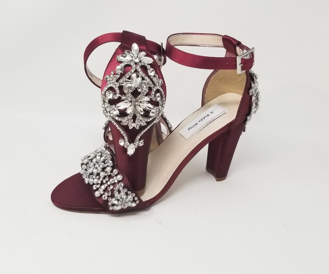 Wine Block Heels Over 100 COLORS Wine Bridal Sandals Crystal and Pearl ...